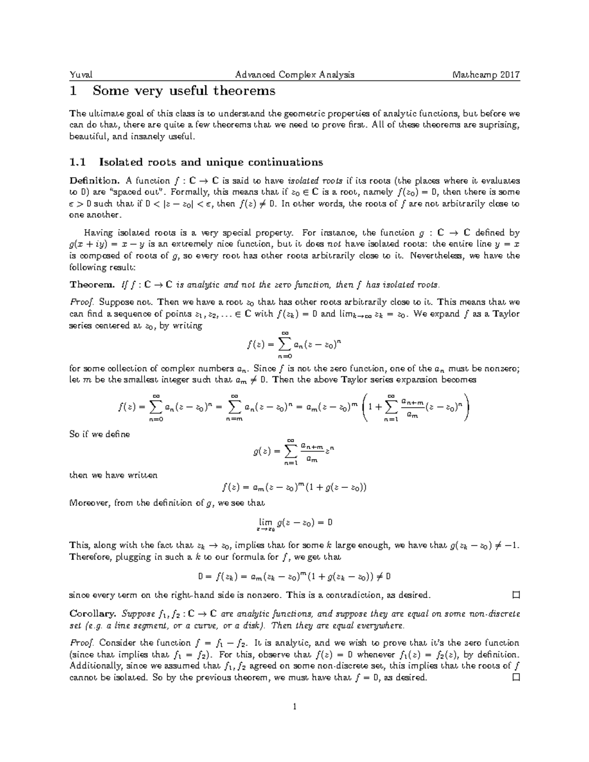 Complex Analysis Notes - 1 Some very useful theorems The ultimate goal ...