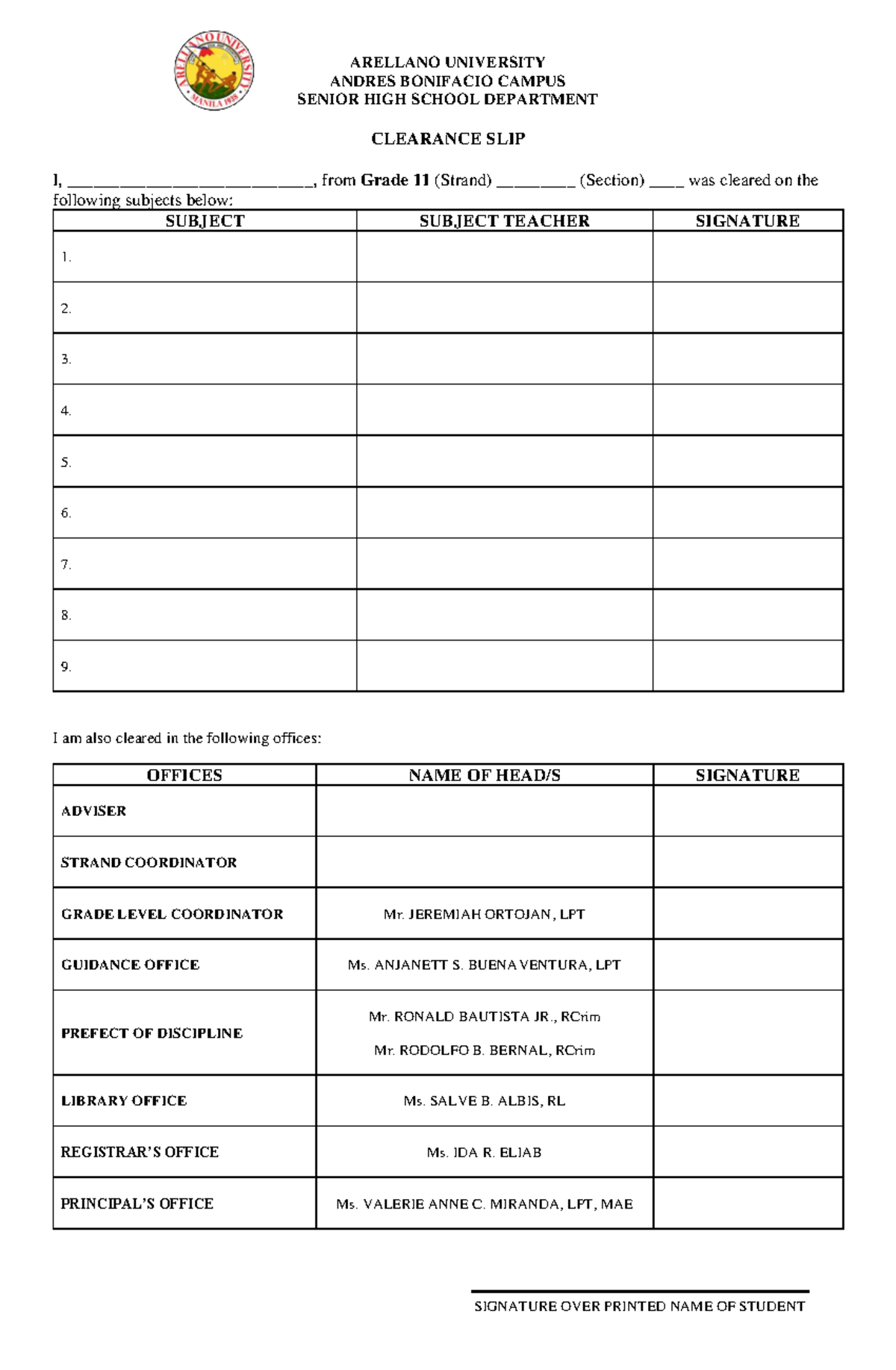 Clearance-SLIP-G11 - wews - ARELLANO UNIVERSITY ANDRES BONIFACIO CAMPUS ...