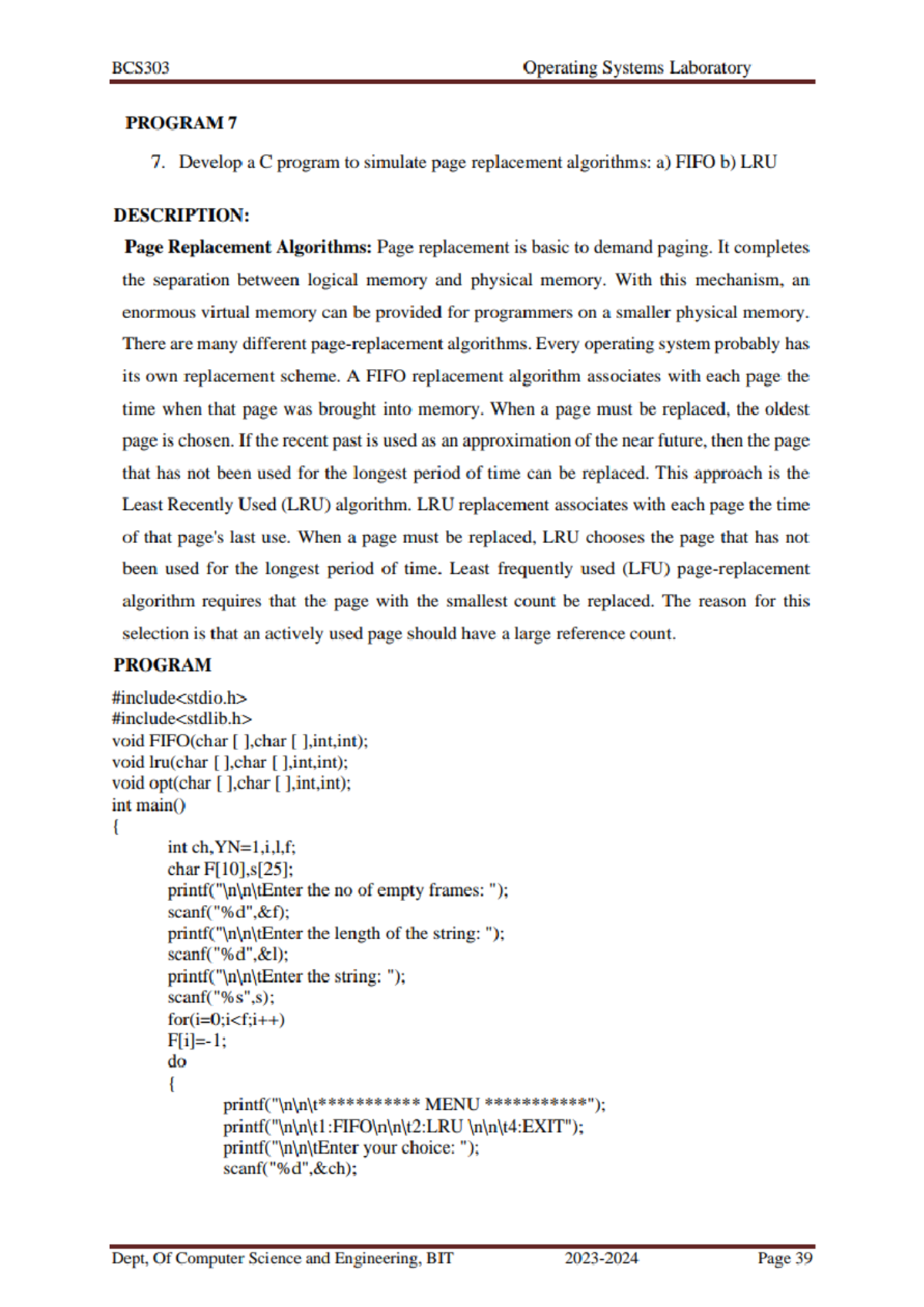 OSlab 7 - BCS303 Operating Systems Laboratory PROGRAM 7 7. Develop a C program to simulate page ...