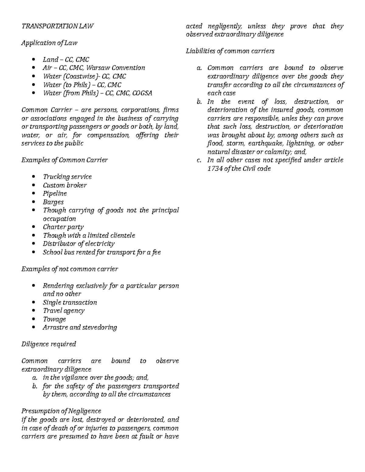 Transportation LAW - TRANSPORTATION LAW Application of Law Land – CC ...