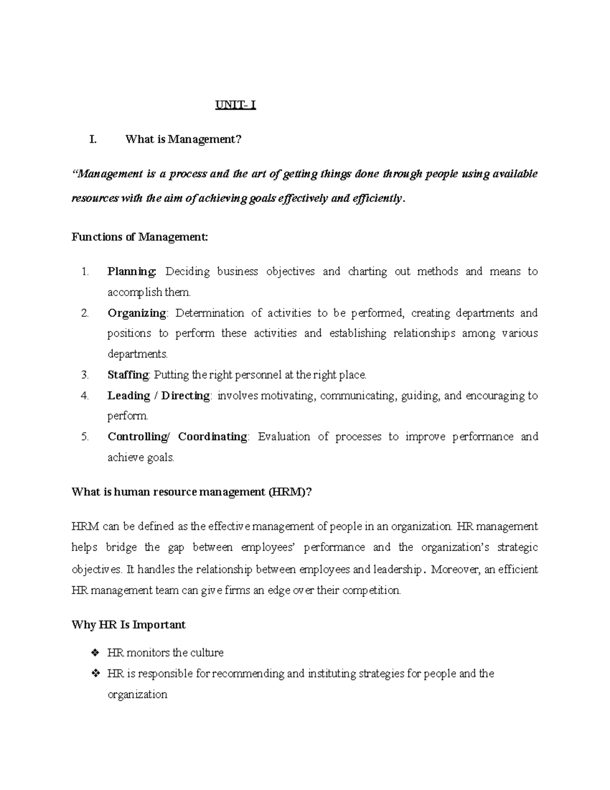 Human resource management - UNIT- I I. What is Management? “Management ...