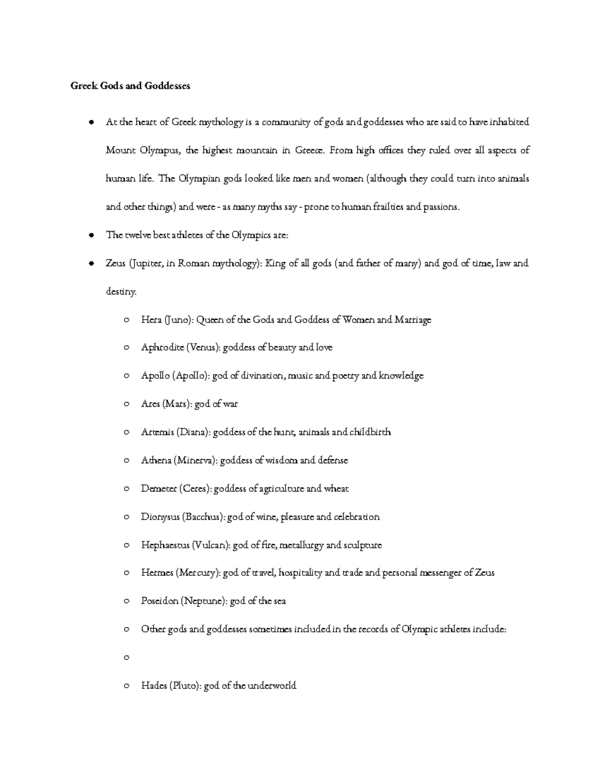 Greek Gods Goddesses Lecture Notes 10 - Greek Gods and Goddesses At the ...