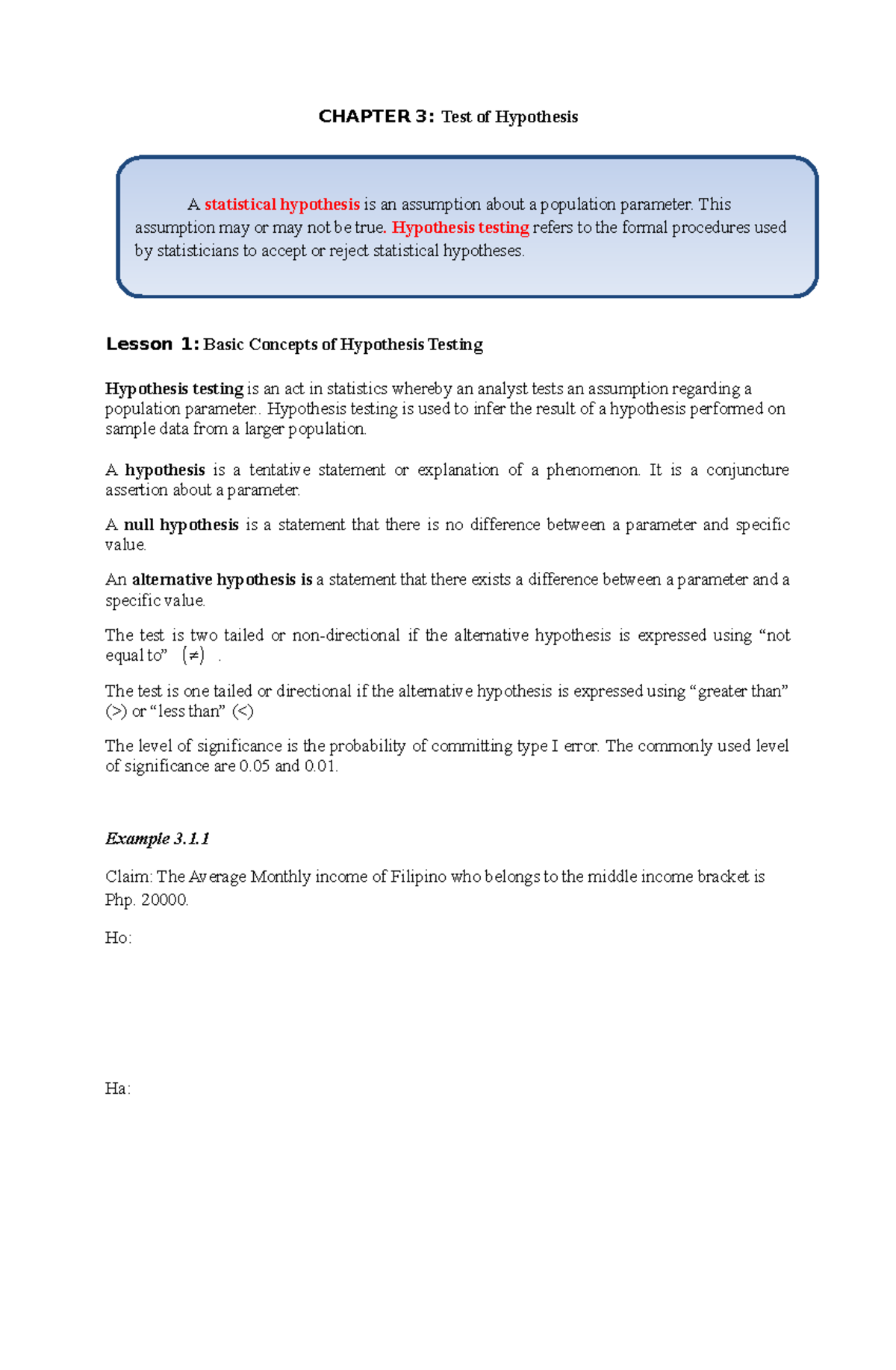 Chapter 3 - Summary Accountancy - CHAPTER 3: Test of Hypothesis Lesson ...