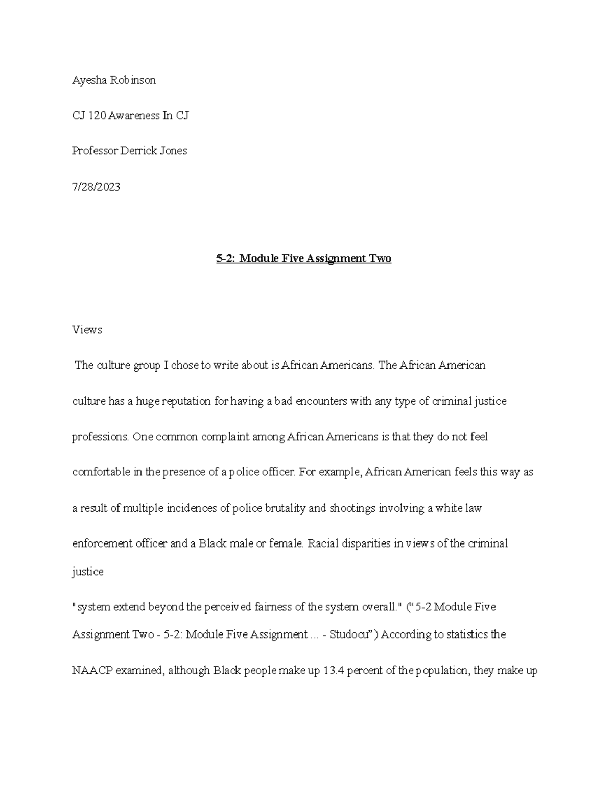 5-2 Module Five Assignment Two - Ayesha Robinson CJ 120 Awareness In CJ ...