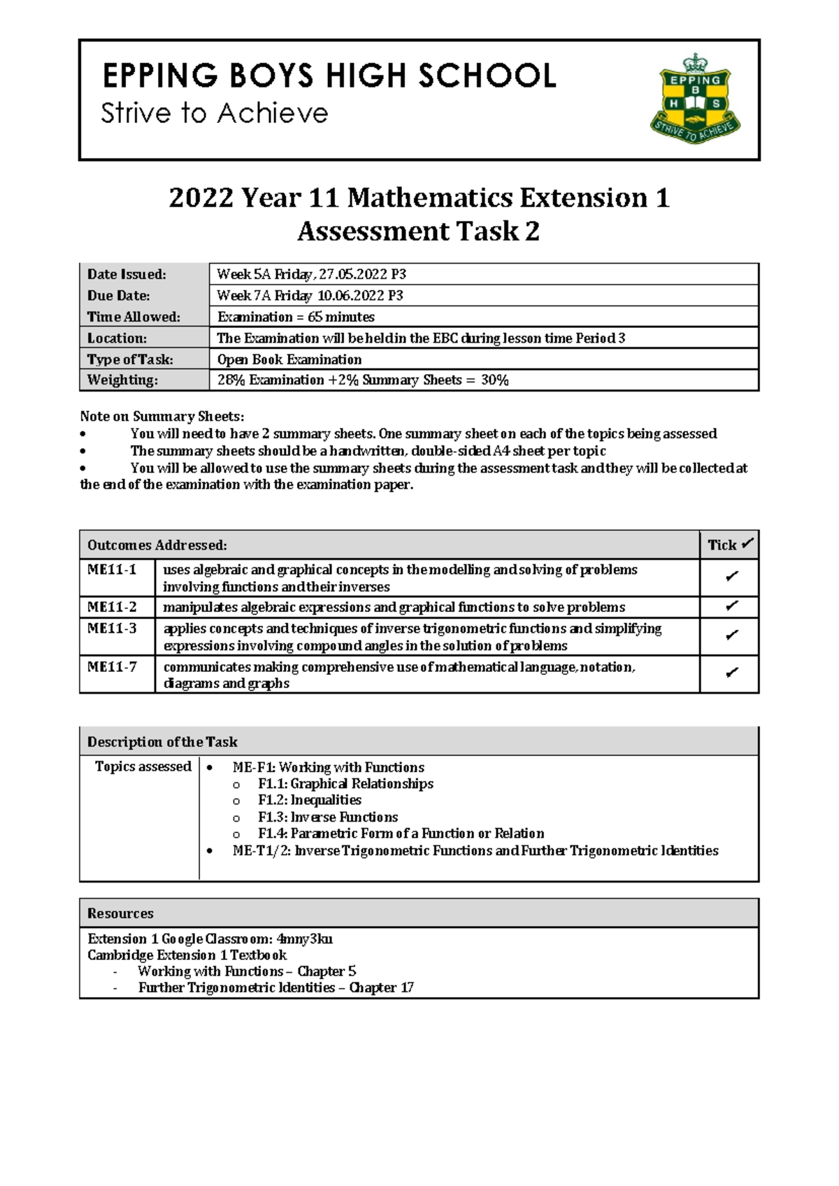 2022 Yr11 EXT1 Task 2 Notification - 2022 Year 11 Mathematics Extension ...