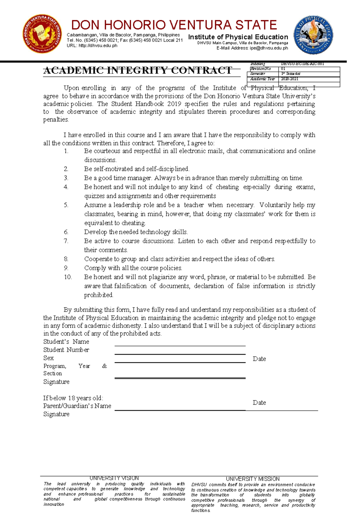 Academic Integrity Form 1 - DON HONORIO VENTURA STATE Cabambangan ...
