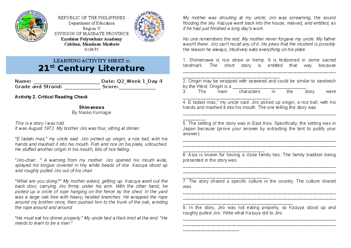 21st Century Lit Q2 W1 D4 - REPUBLIC OF THE PHILIPPINES Department of ...