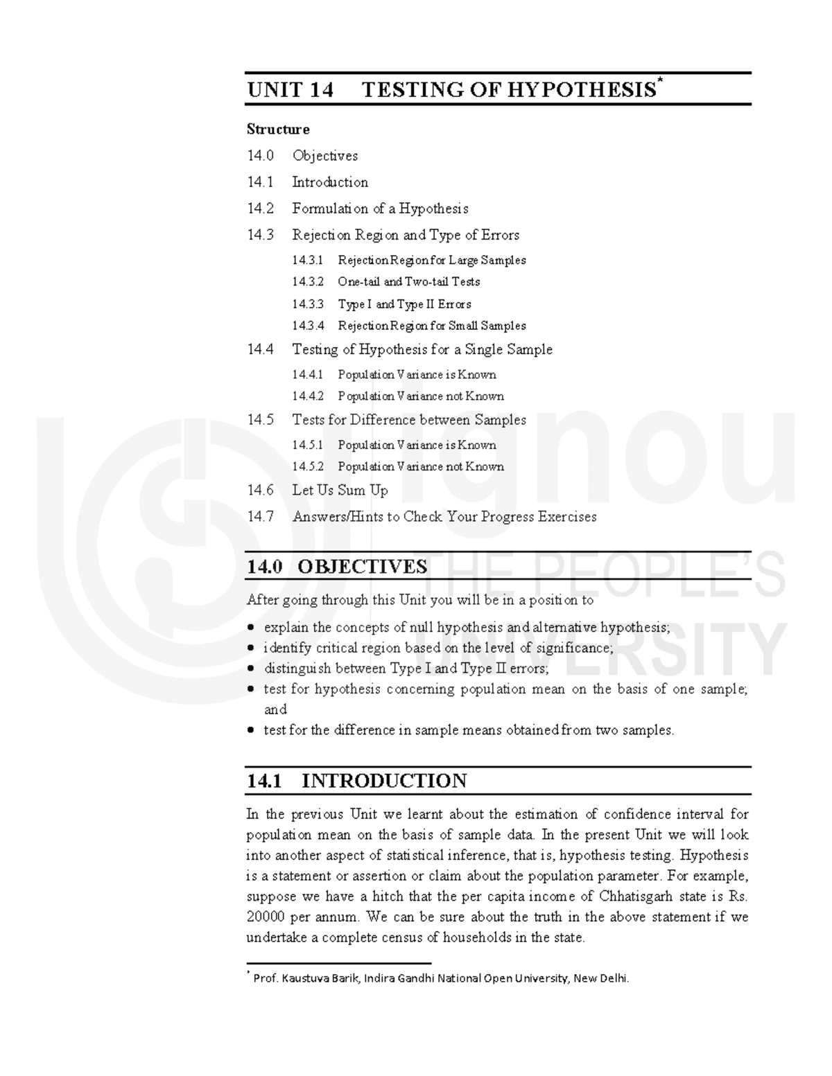 Unit-14 - Notes - UNIT 14 TESTING OF HYPOTHESIS* Structure 14 ...