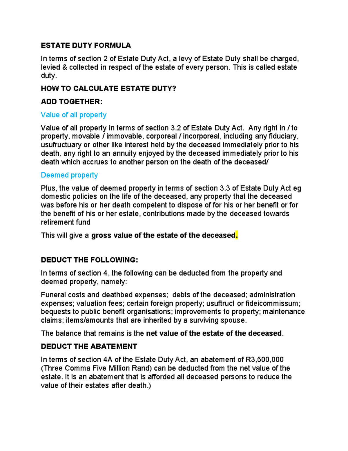 Estate DUTY - yass - ESTATE DUTY FORMULA In terms of section 2 of ...