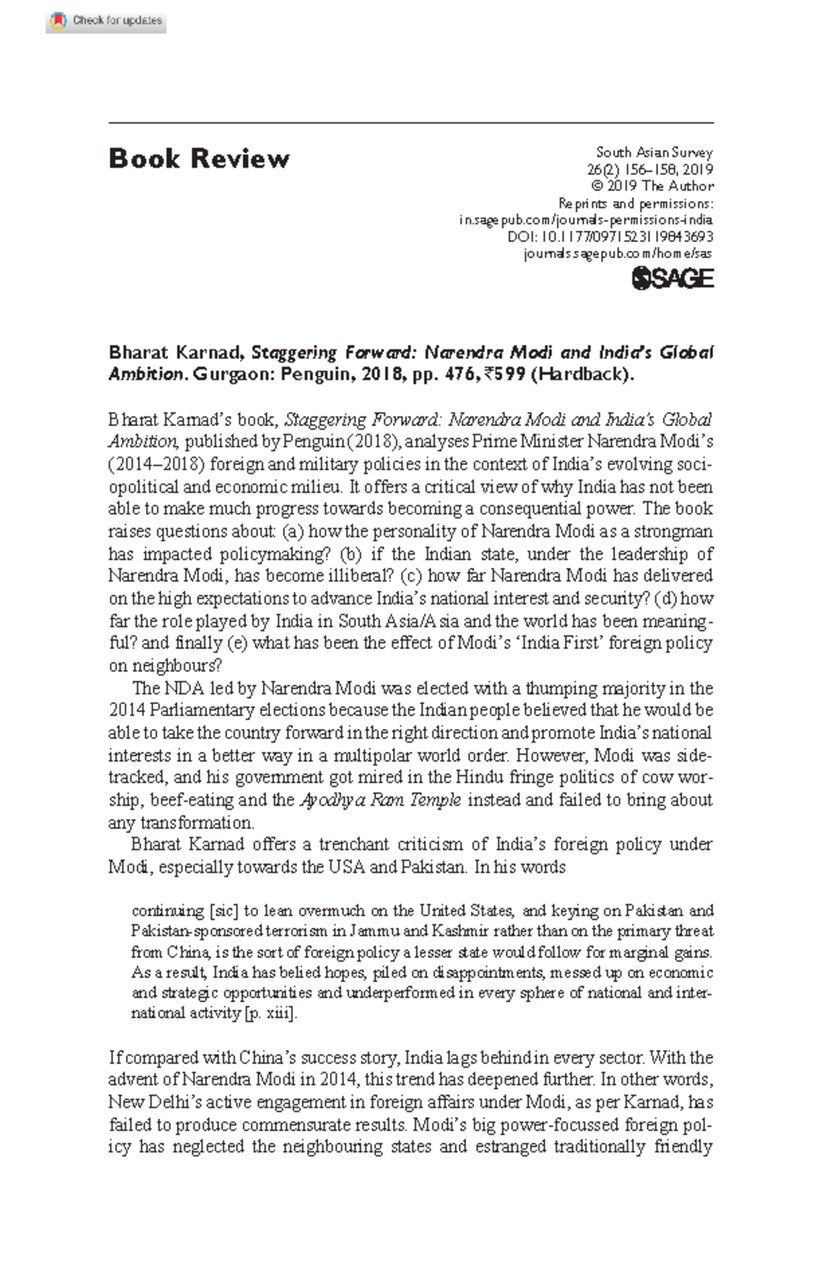 Sample Book Review - 2023 - Book Review Bharat Karnad, Staggering ...