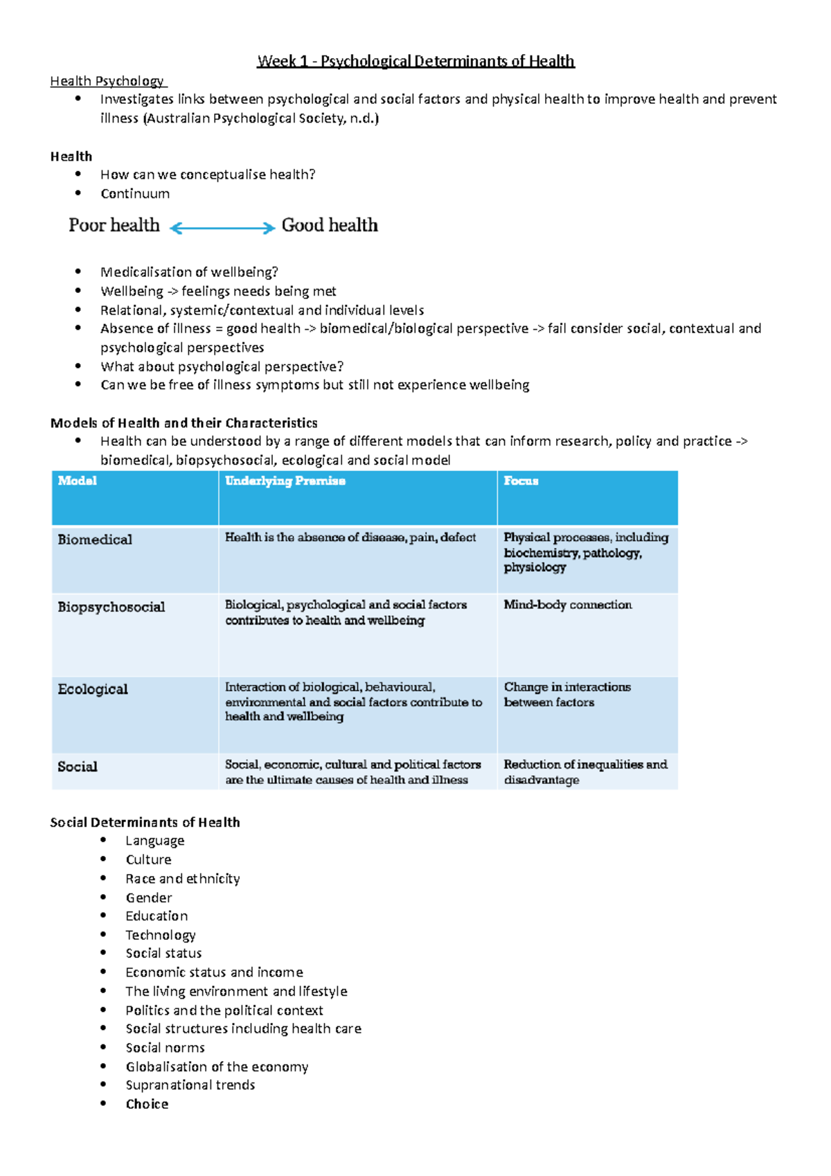 Psychological Perspectives on Health - Week 1 - Psychological ...