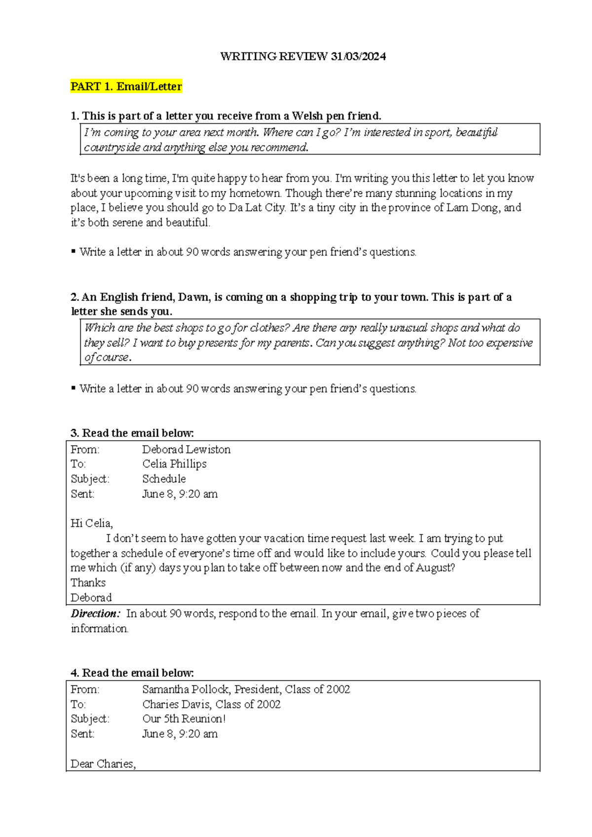 Writing review 31 - Write an email responding to Jane. - WRITING REVIEW ...
