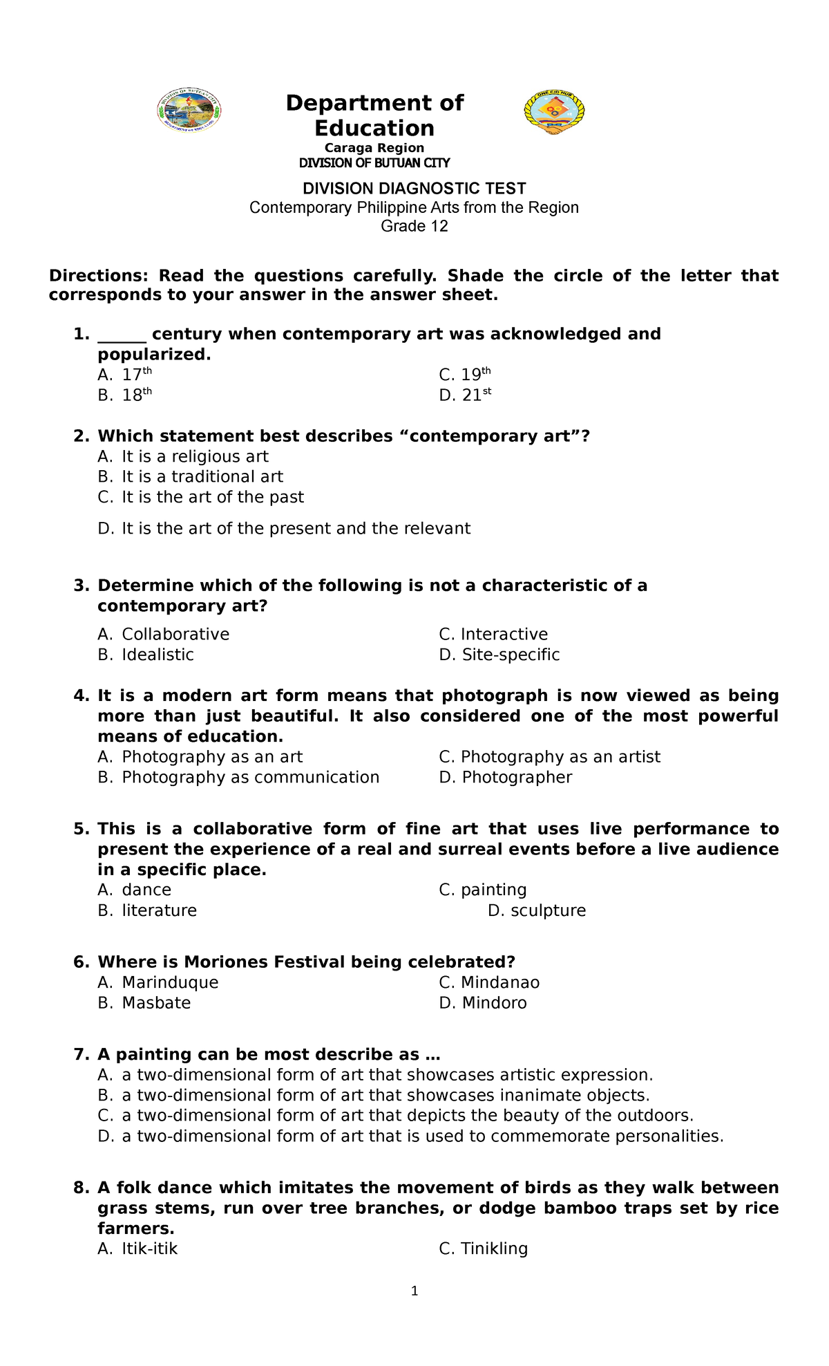 CPAR- Diagnostic-TEST - DIVISION DIAGNOSTIC TEST Contemporary ...