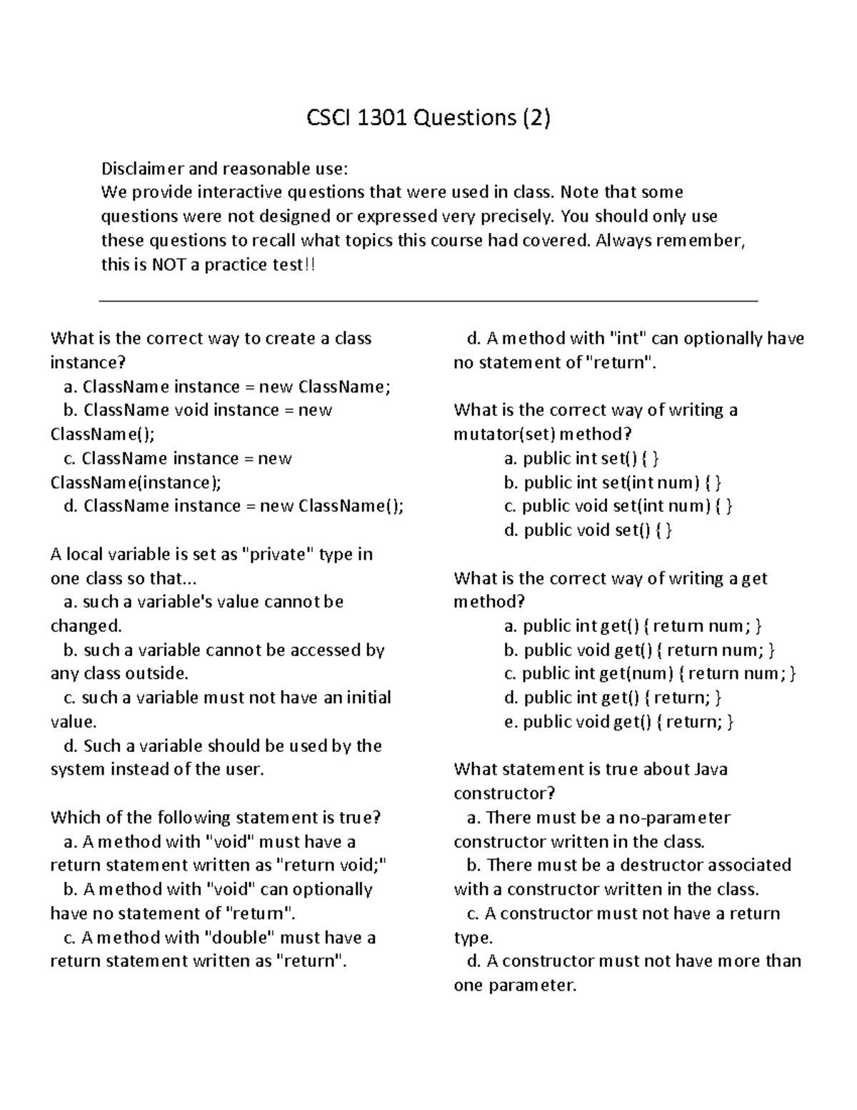 Q - CS Practice Questions - CSCI 1301 Questions ( 2 ) Disclaimer and ...