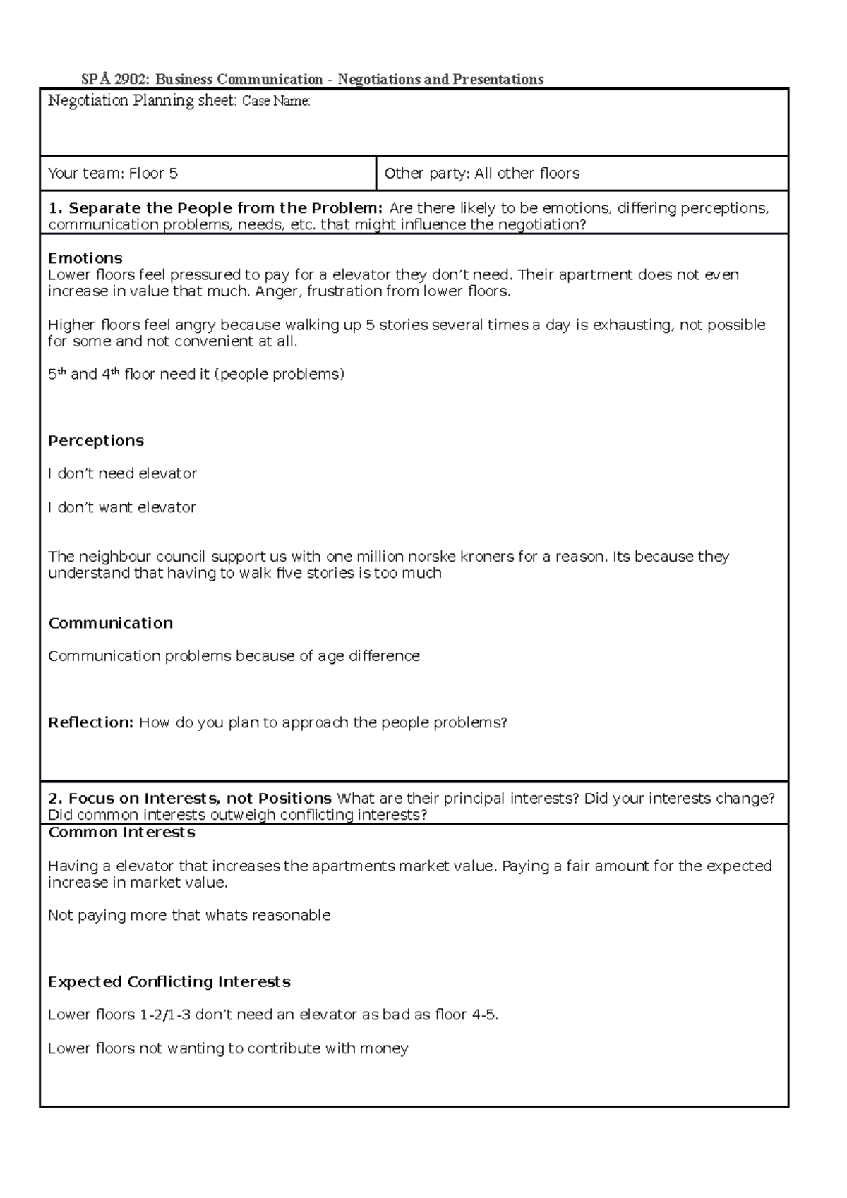 Negotiation planning class 6 - Negotiation Planning sheet: Case Name ...