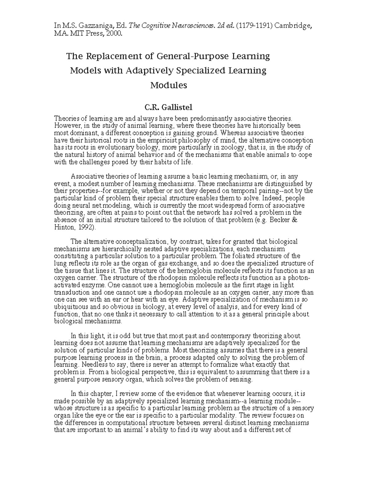 Gallistel-2000 - Reading - In M. Gazzaniga, Ed. The Cognitive ...