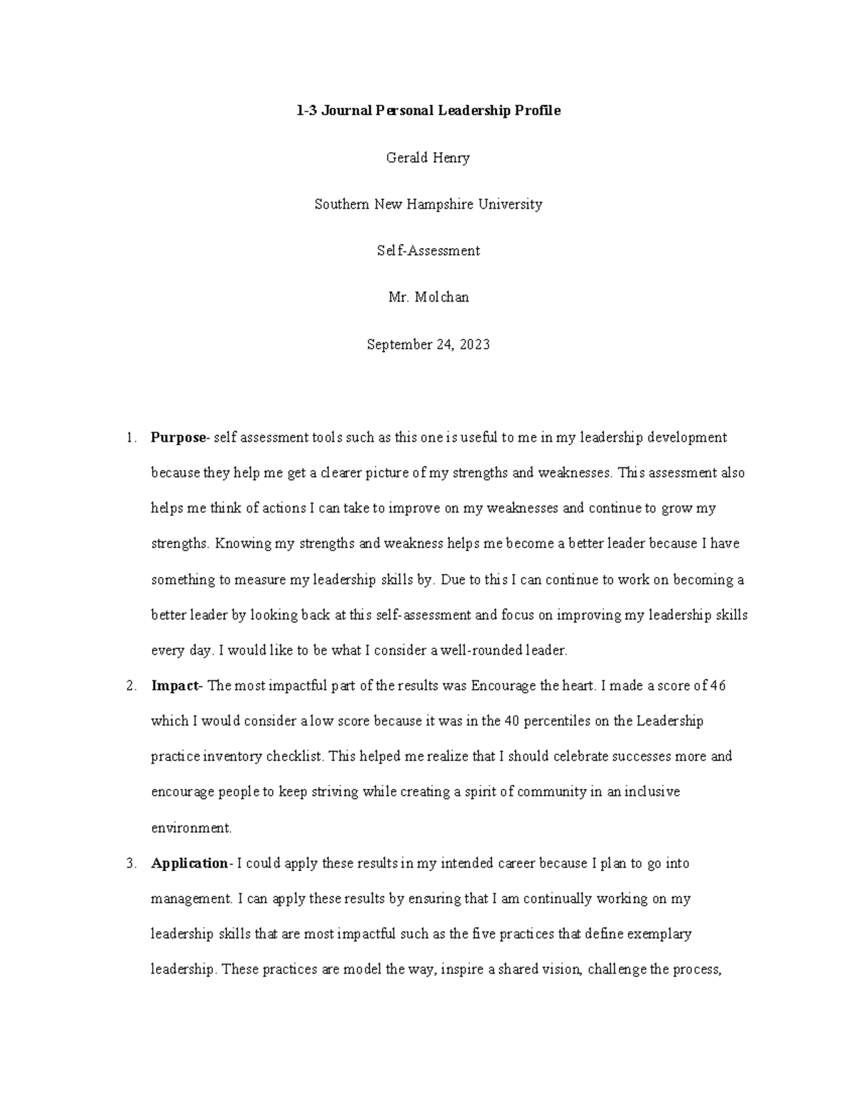 1-3 Journal self assessment - 1-3 Journal Personal Leadership Profile ...