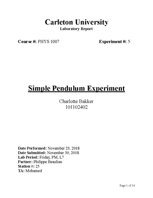 Spring Constant Lab Report - Carleton University Laboratory Report Course #: PHYS 1007 ...
