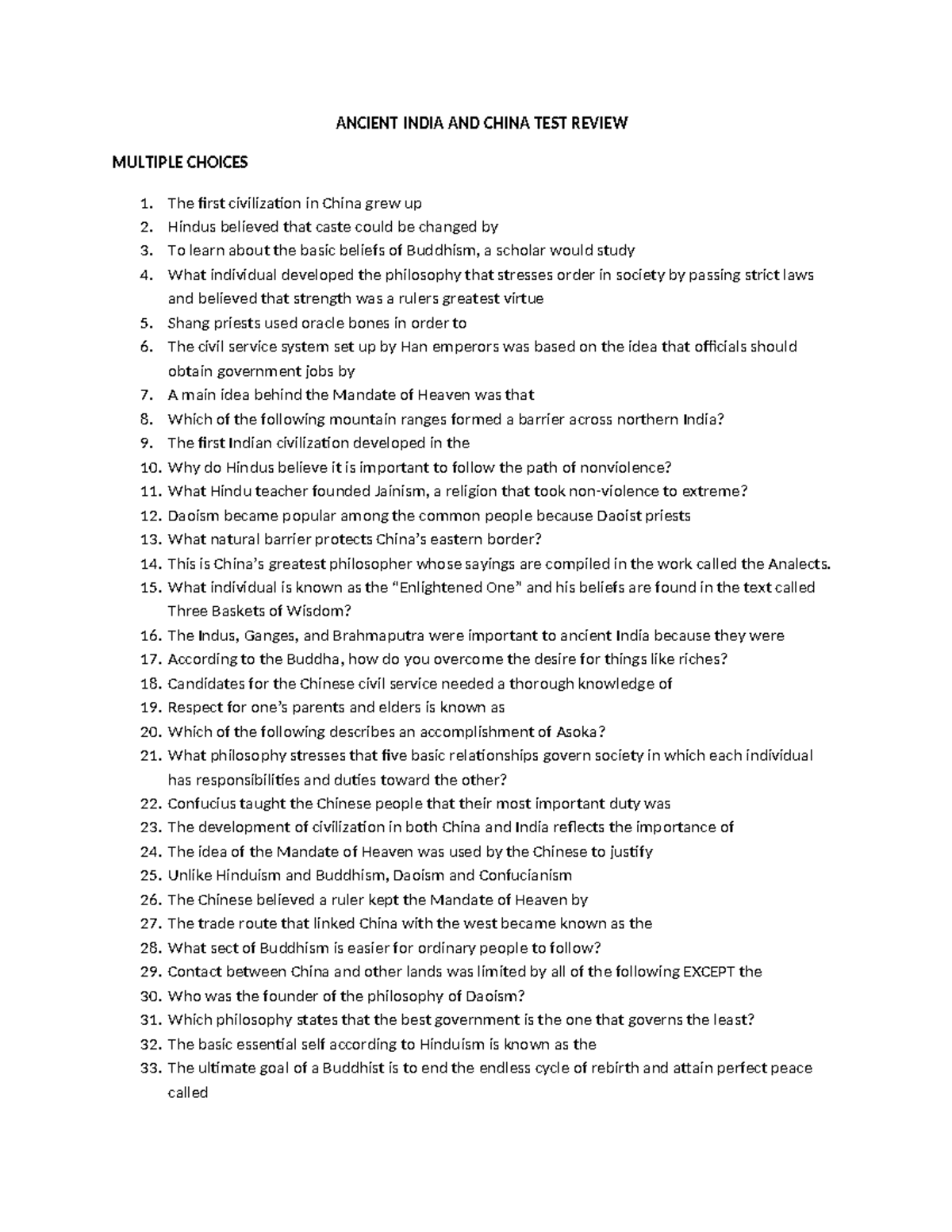 Ancient India AND China TEST Review - ANCIENT INDIA AND CHINA TEST ...
