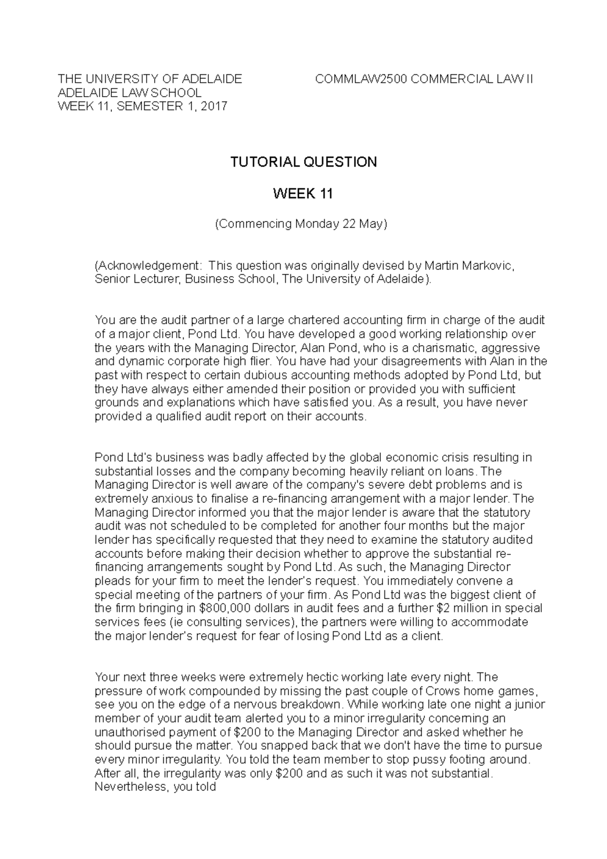 Week 11 Tutorial Questions C Ommlaw 2500 Commercial Law II - THE ...