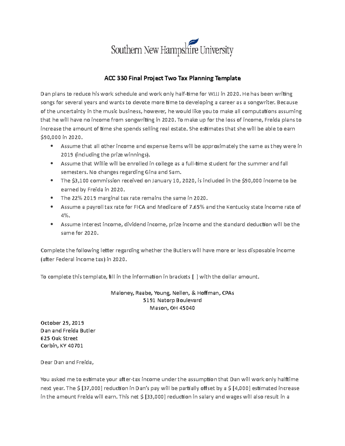 ACC 330 Final Project Two Tax Planning Template - 2020 - ACC 330 Final Project Two Tax Planning ...