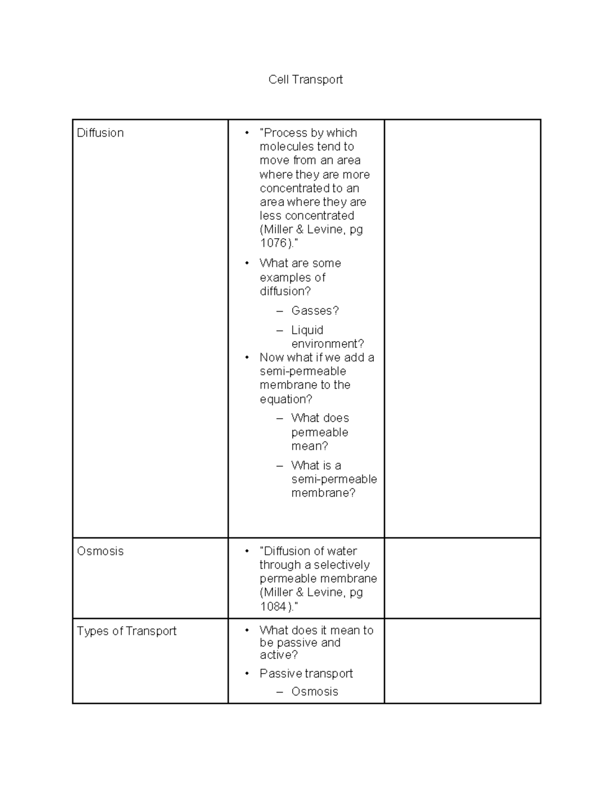 Notes Cell Transport - Cell Transport Diffusion • “Process by which ...