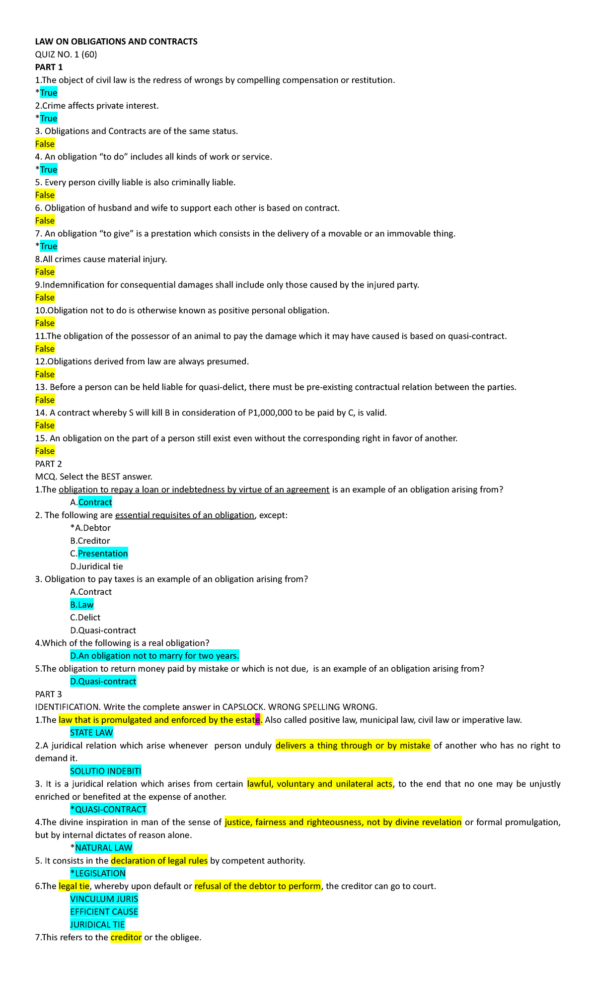 Oblicon Reviewer - LAW ON OBLIGATIONS AND CONTRACTS QUIZ NO. 1 (60) PART 1 1 object of civil law ...