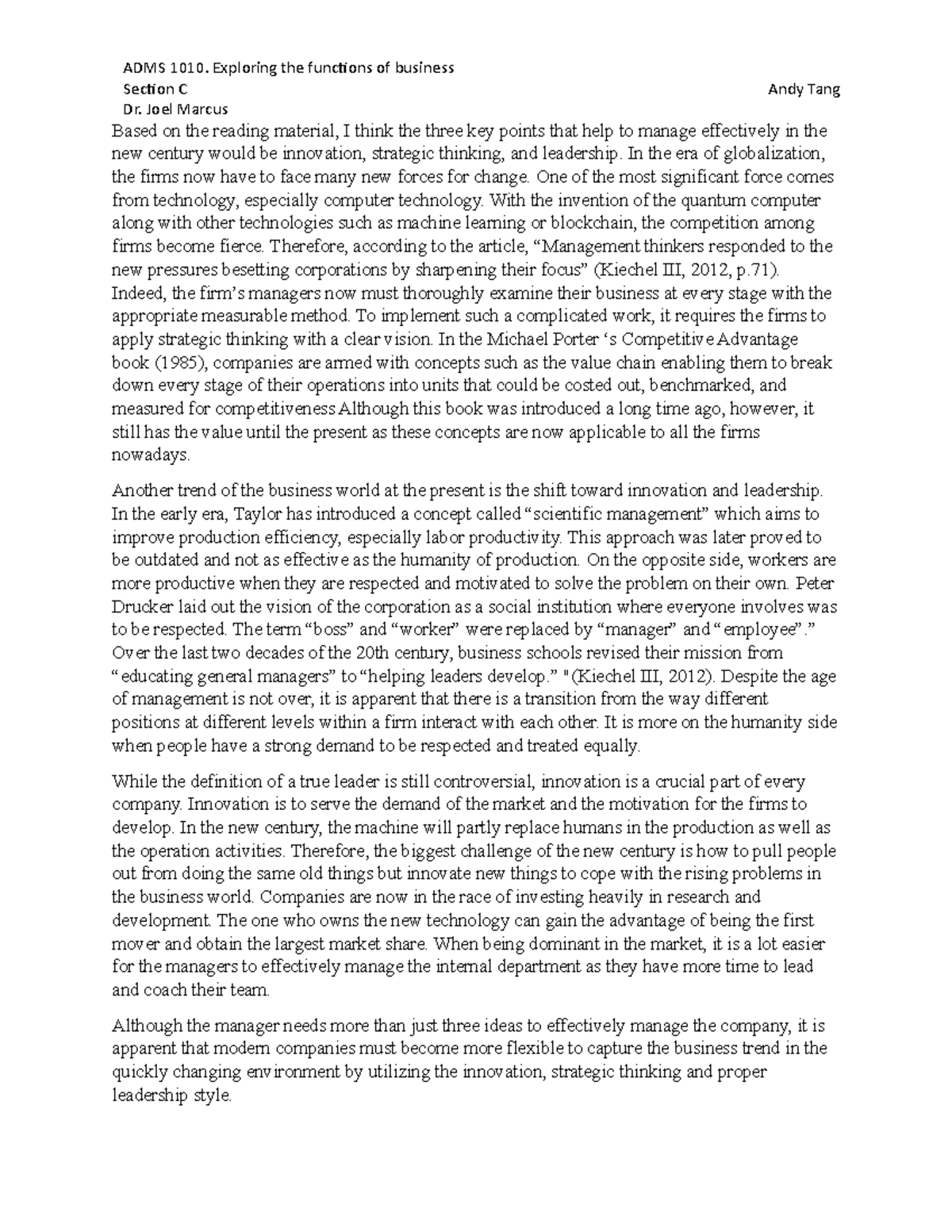 Week 12. Writing assignment - Part 1 (Andy Tang) - ADMS 1010. Exploring the functions of ...