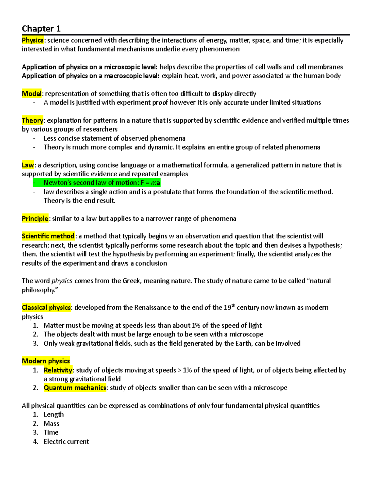 Physics Chapters 1-4 - Dr. Gupta - Chapter 1 Physics: science concerned with describing the ...