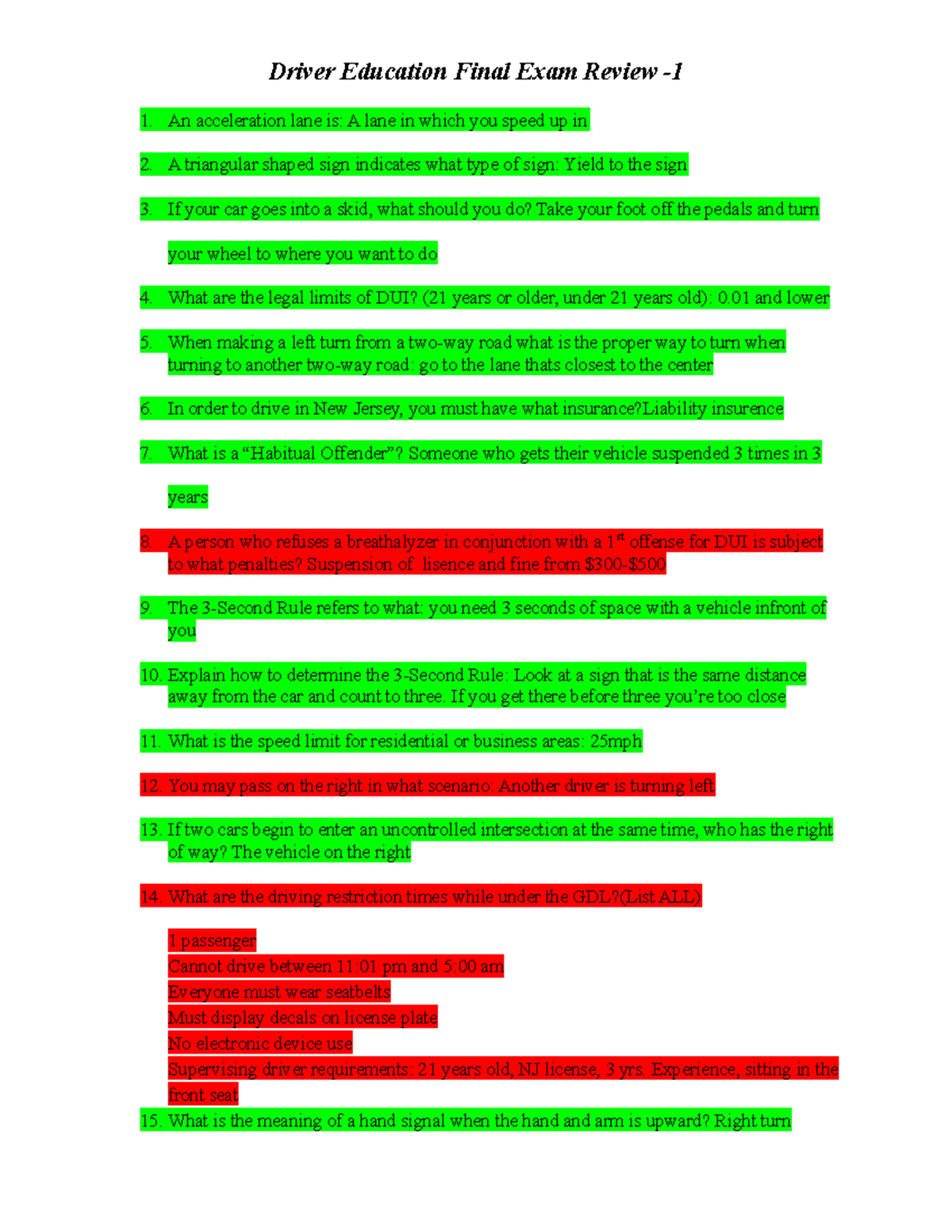 Exam Review Part 1 - exam for drivers ed test - Driver Education Final ...