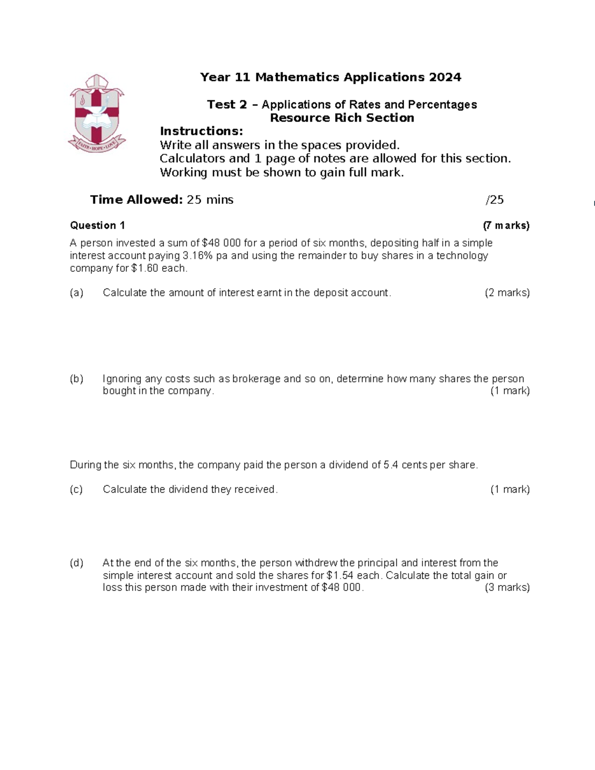Test 2 Resource Rich Section 2024 - Year 11 Mathematics Applications ...