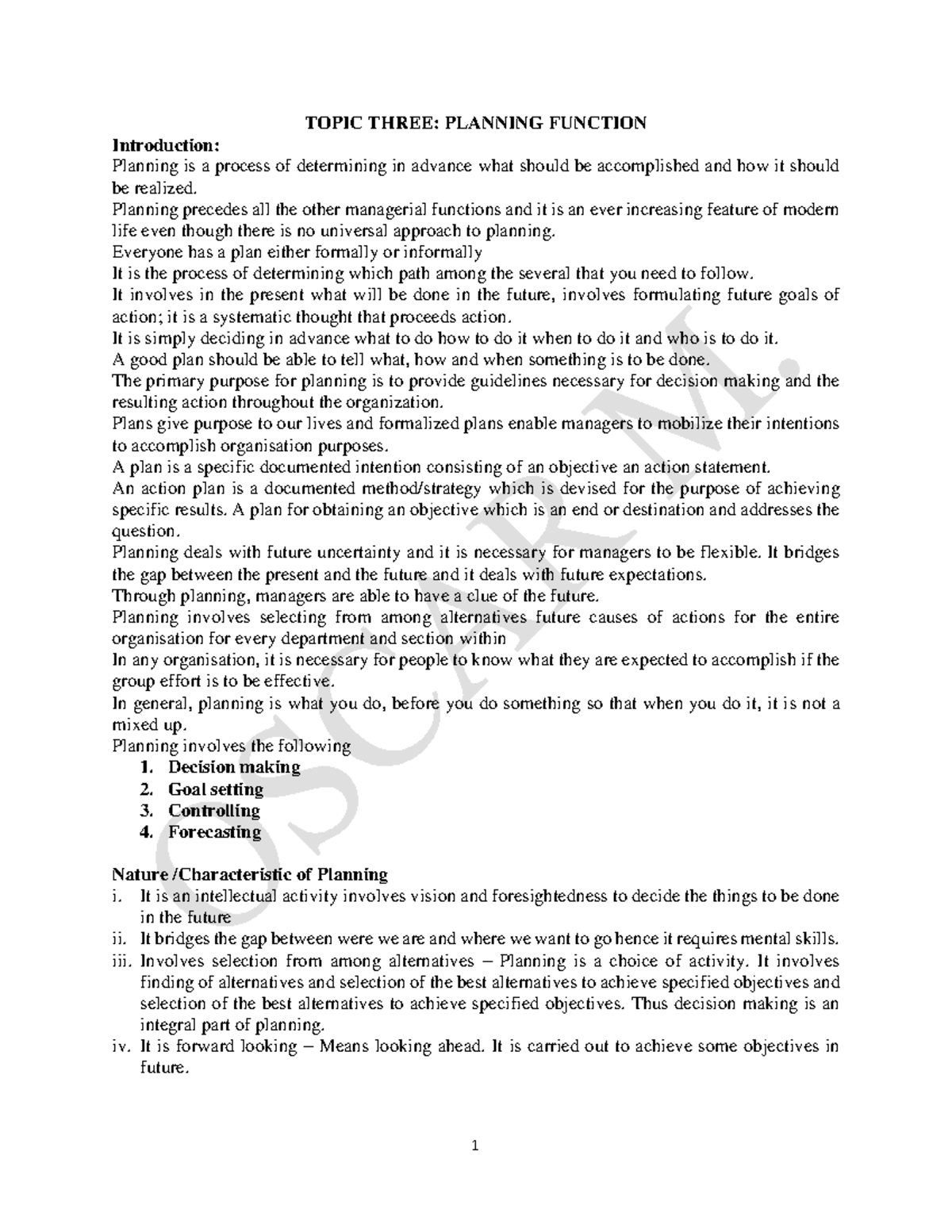 PPM Notes (Topic 3 to 6) - TOPIC THREE: PLANNING FUNCTION Introduction ...