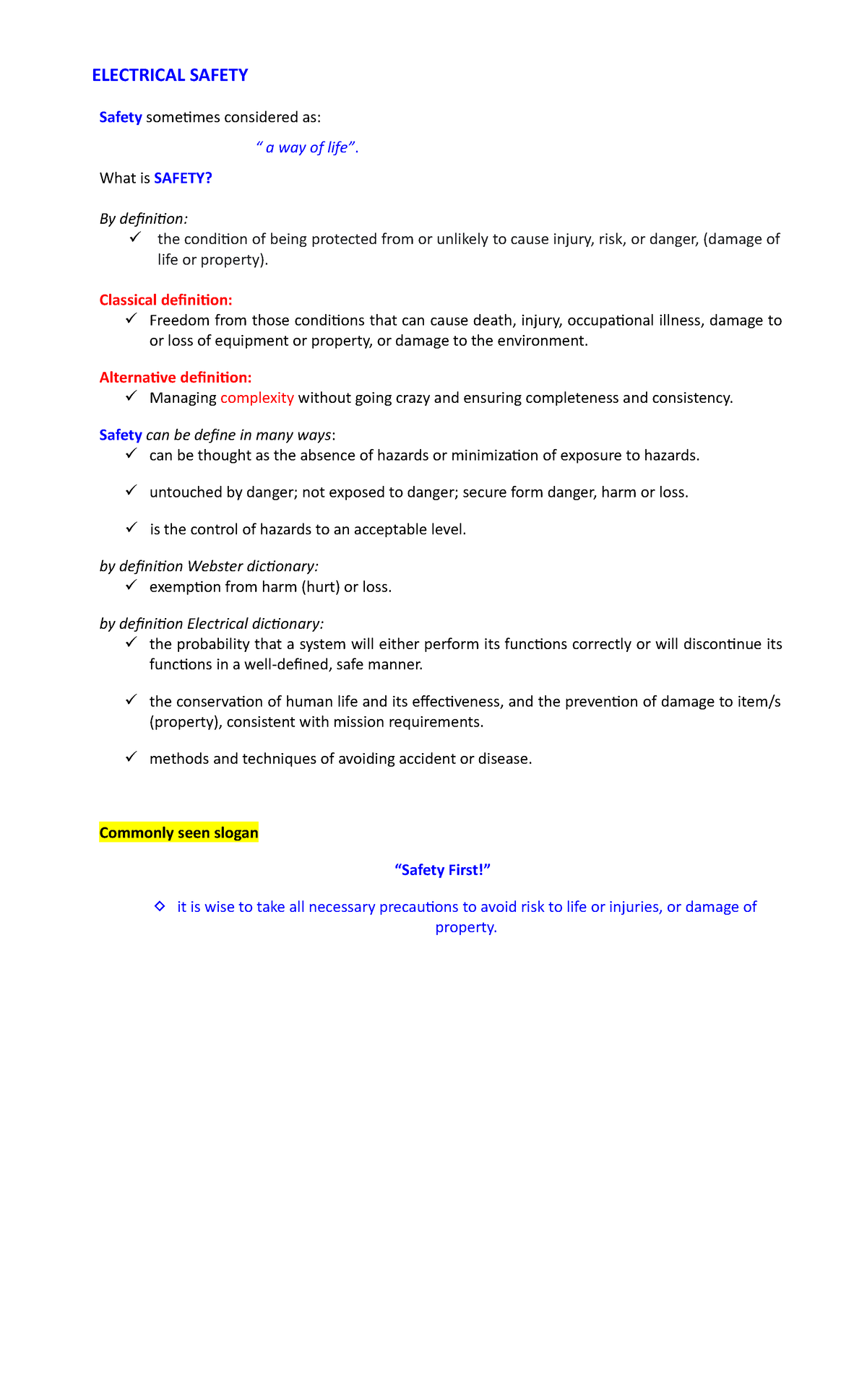 Electrical Safety Notes - ELECTRICAL SAFETY Safety sometimes considered ...