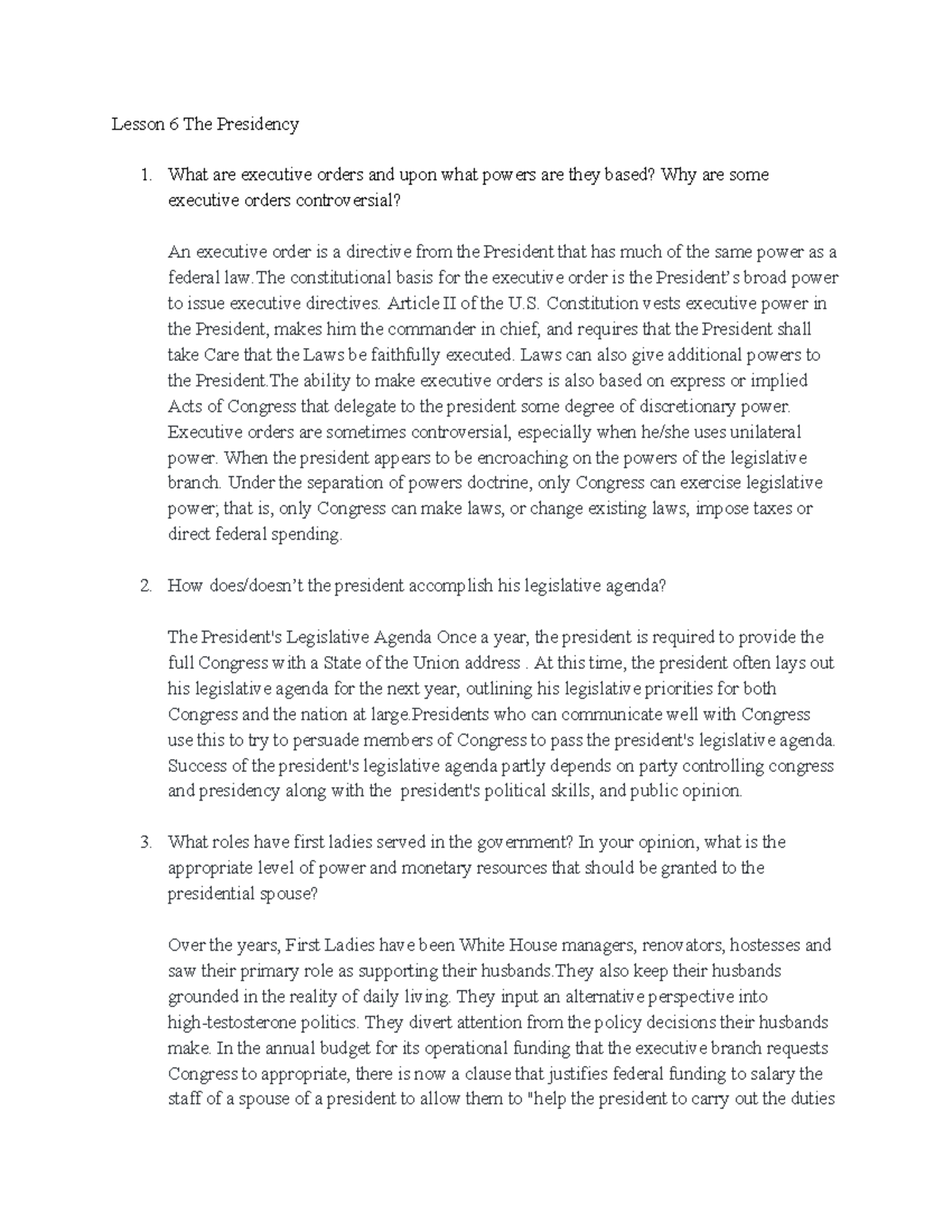 Lesson 6 The Presidency - Lesson 6 The Presidency What are executive ...