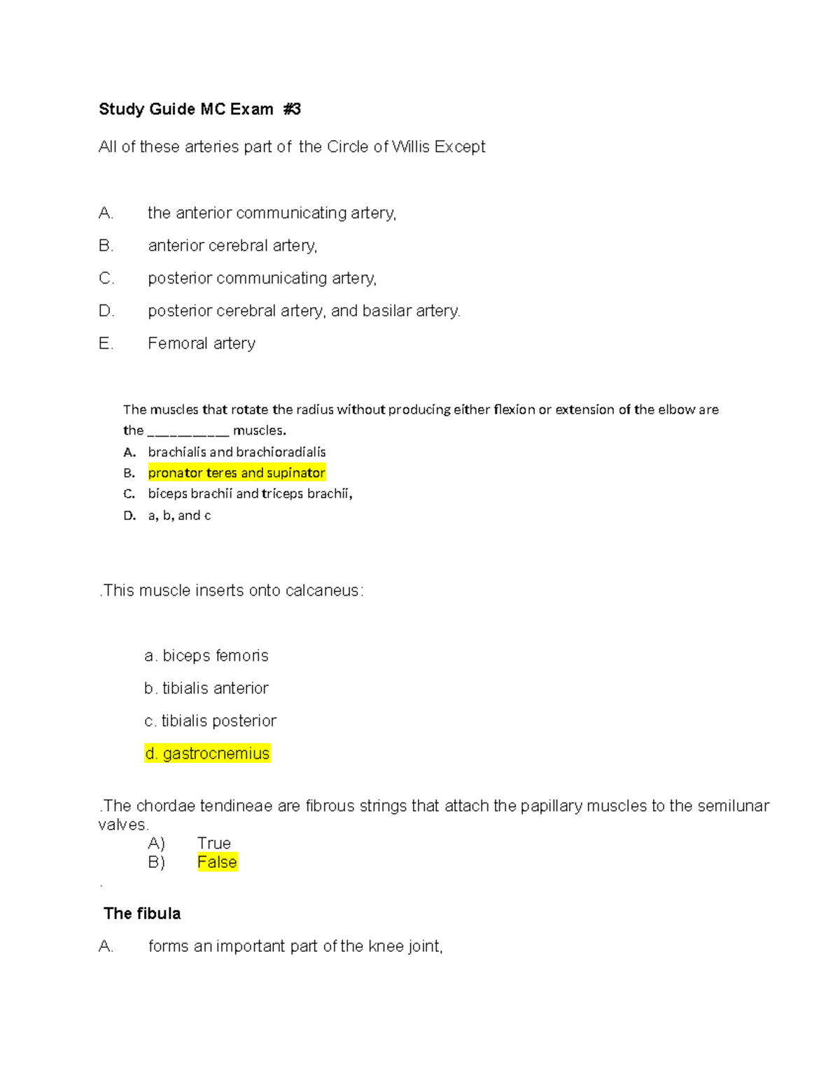 Study Guide MC Exam #3-1 - Study Guide MC Exam All of these arteries ...