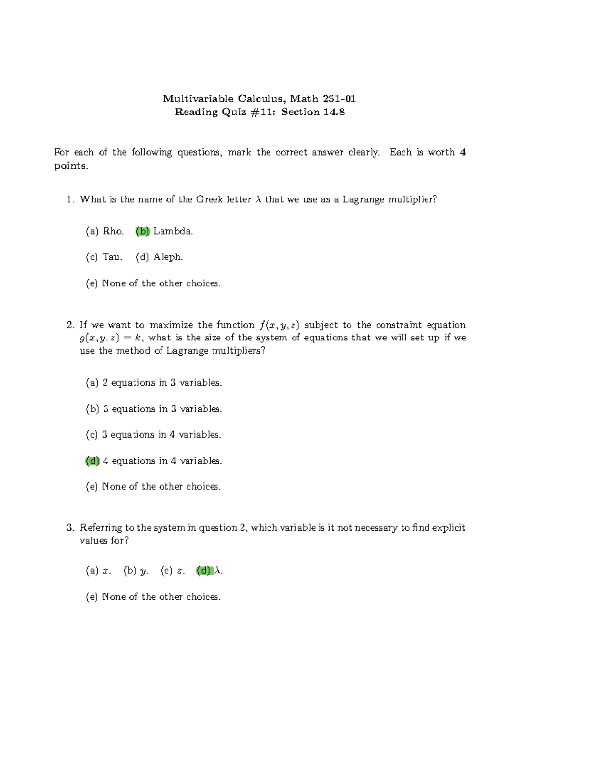 Reading Quiz 14.8 - Multivariable Calculus, Math 251- Reading Quiz #11 ...