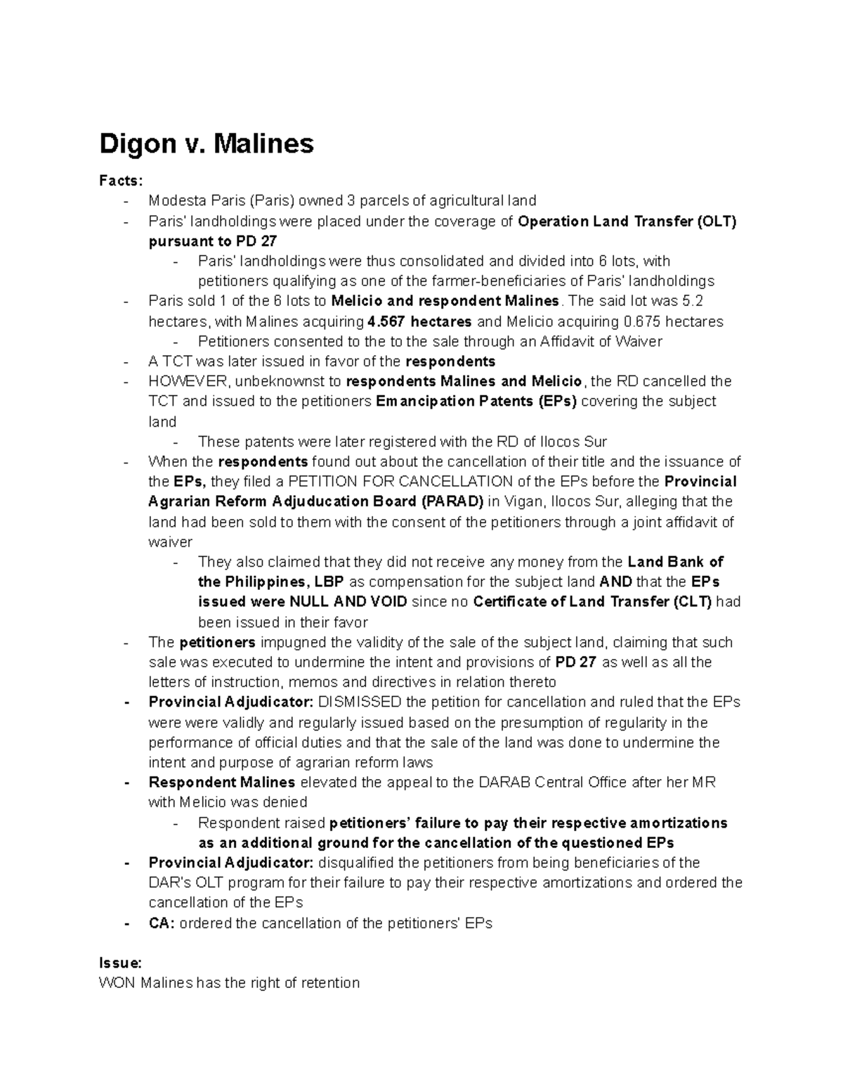 Digon v. Malines - case digest - Digon v. Malines Facts: - Modesta ...