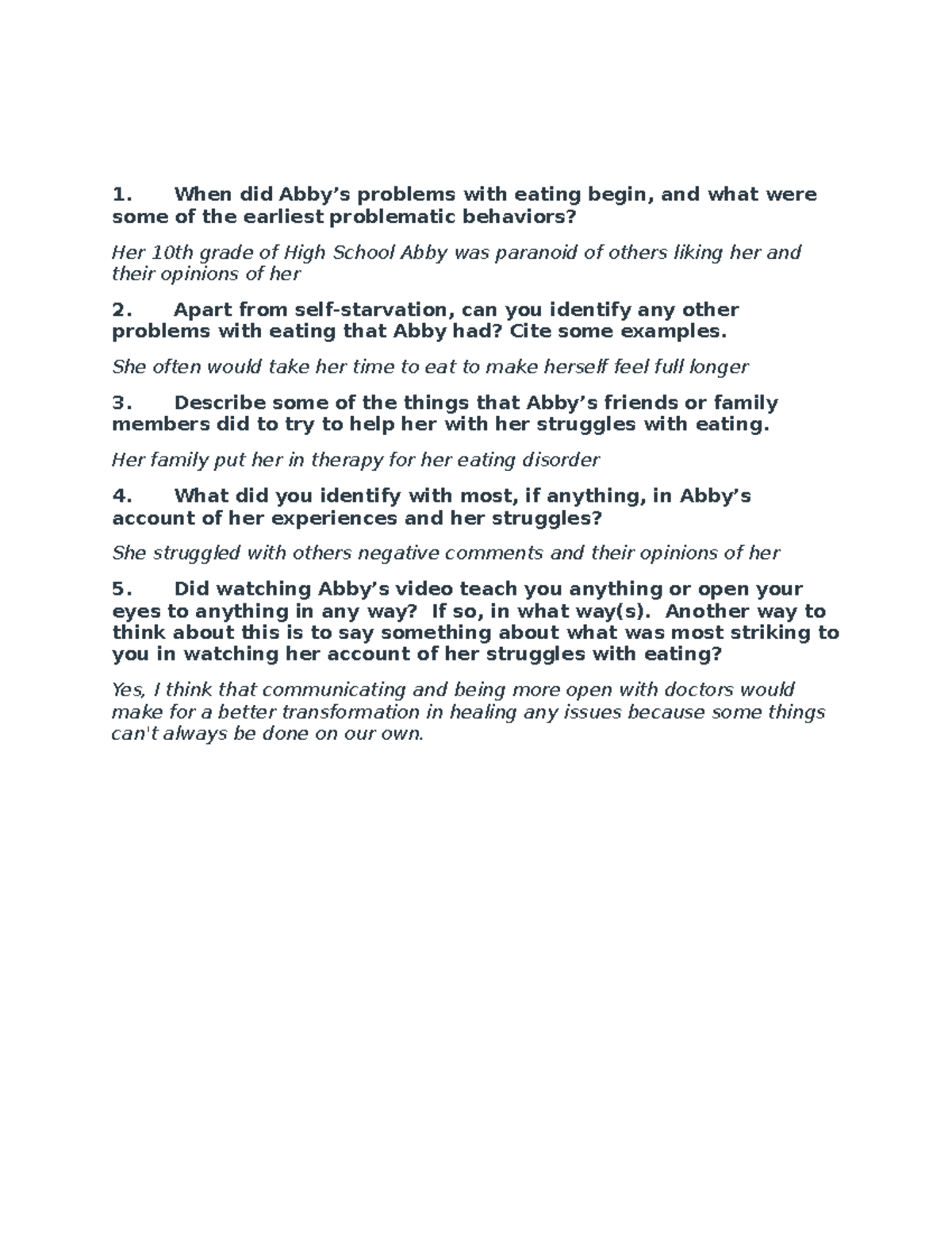 Eating Disorders Assignments Reflection Sheet 1 - PSY 230 - Lawson ...