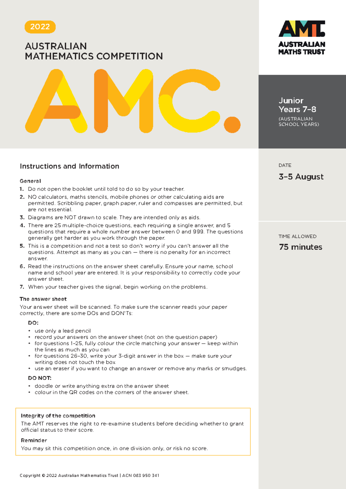 2022 AMC paper JUN OMR - More Practise for the AMC - 20202022 ...