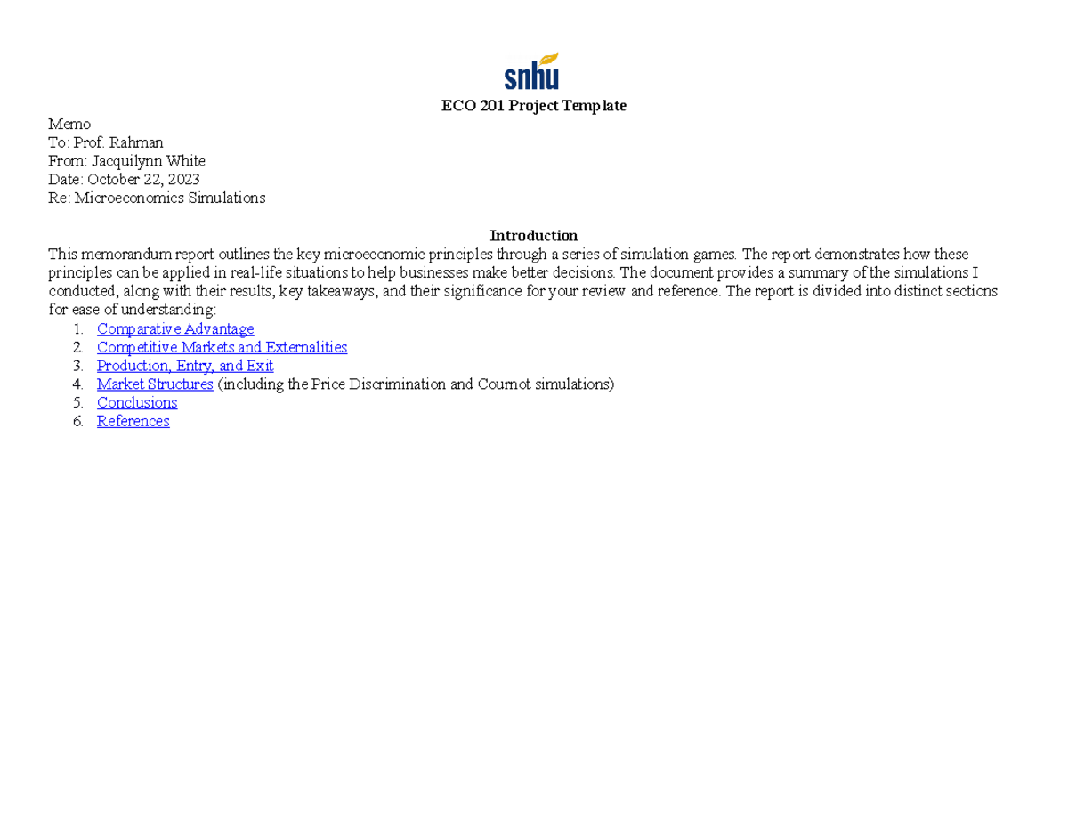 ECO 201 Project Template - ECO 201 Project Template Memo To: Prof ...