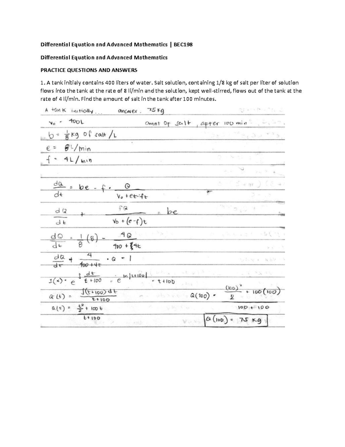 Differential Equation and Advanced Mathematics Practice Problems with ...