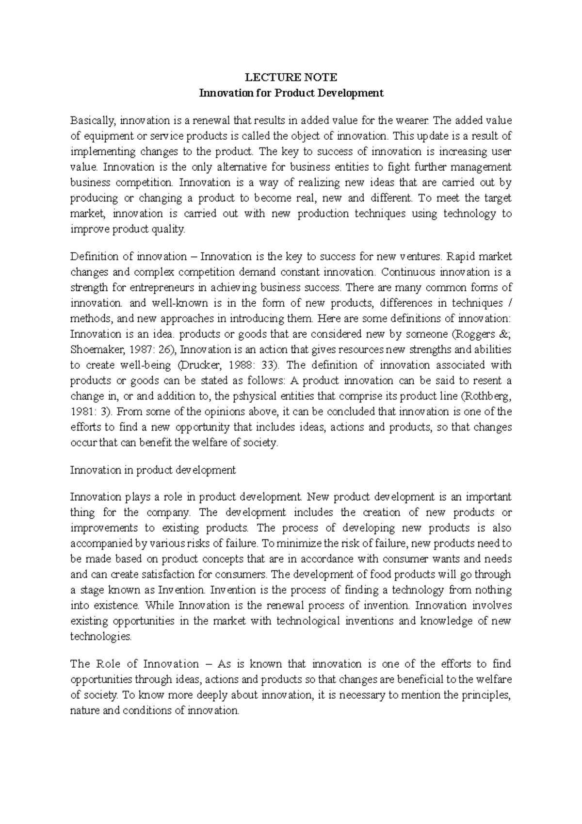 Marketing Innovation for Product Development - LECTURE NOTE Innovation ...