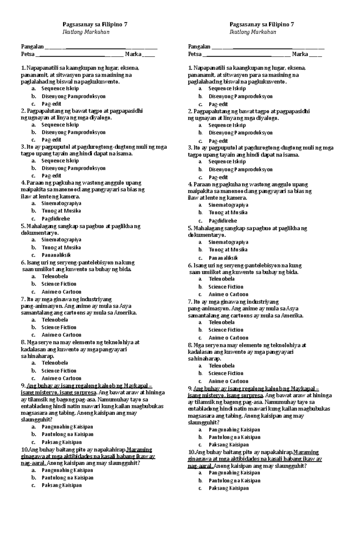 Filipino 7-Q3-Summative-test - Pagsasanay sa Filipino 7 Ikatlong ...