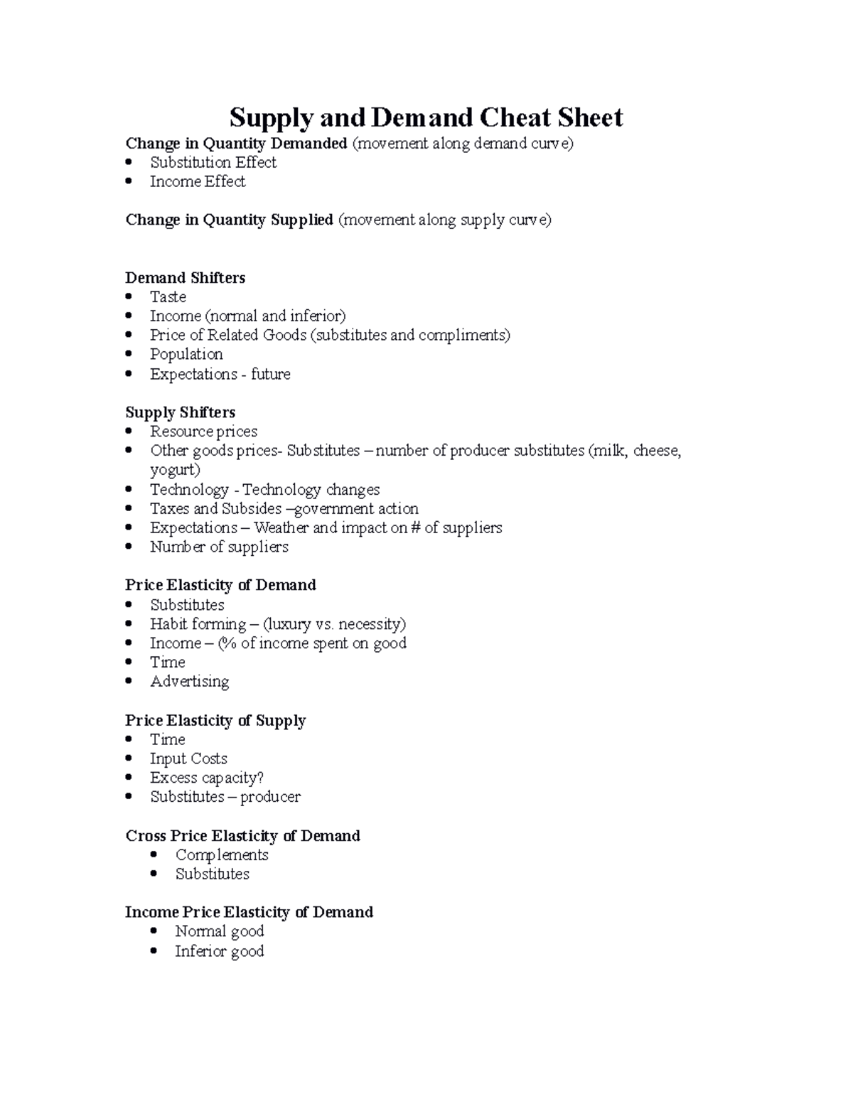 Supply and demand cheat sheet - Supply and Demand Cheat Sheet Change in ...