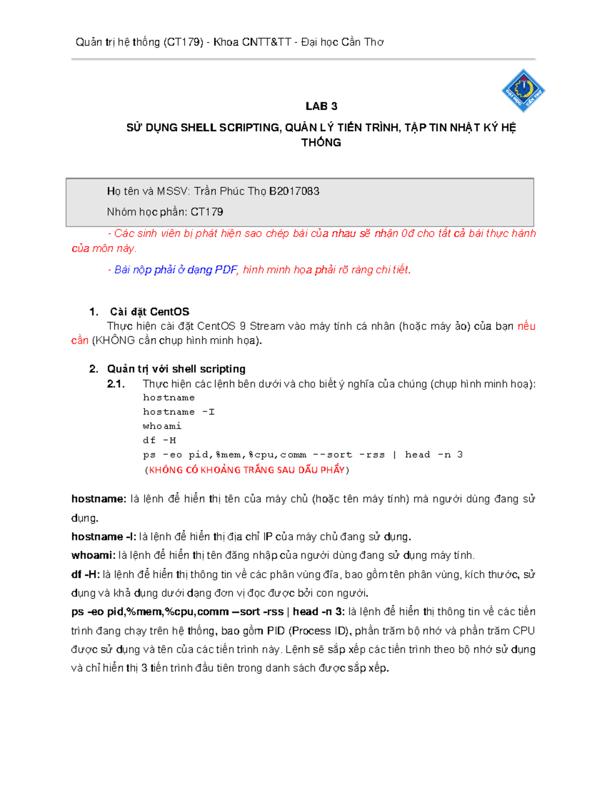 B2017 083 Tran Phuc Tho QTHT Lab3 - LAB 3 SỬ DỤNG SHELL SCRIPTING, QUẢN LÝ TIẾN TRÌNH, TẬP TIN ...