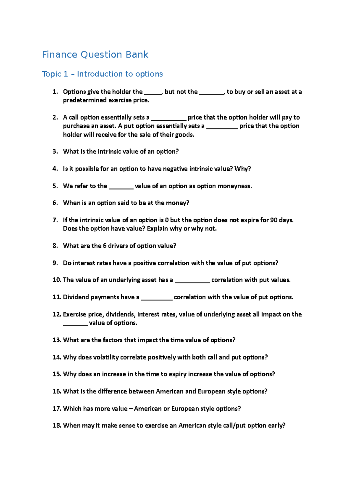 Finance Question Bank - Lecture 1 - Finance Question Bank Topic 1 ...