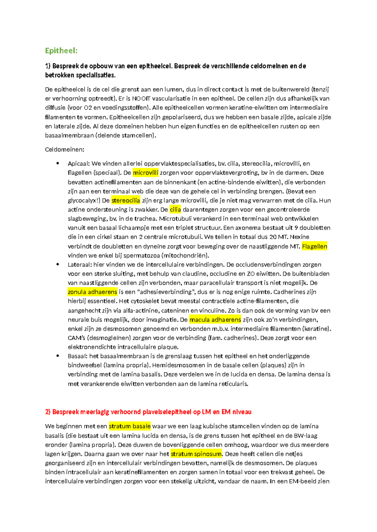 Vragen histologie antwoorden - Epitheel: Bespreek de opbouw van een ...