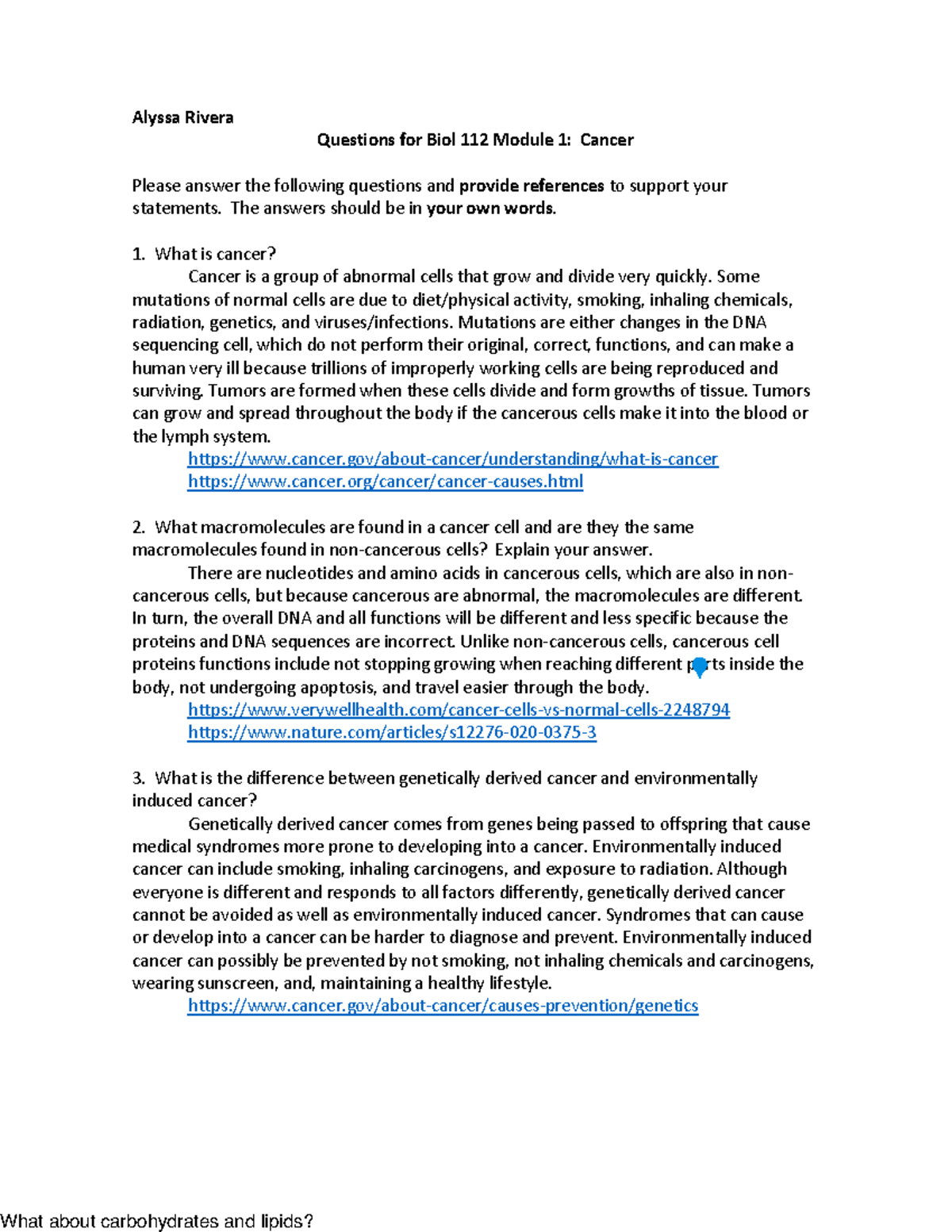 Cancer discussion questions 1 - Alyssa Rivera Questions for Biol 112 ...