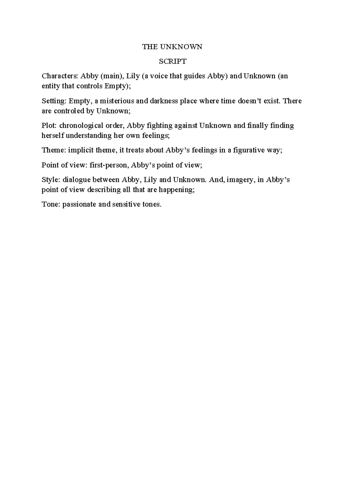 Script The Unknown - THE UNKNOWN SCRIPT Characters: Abby (main), Lily ...