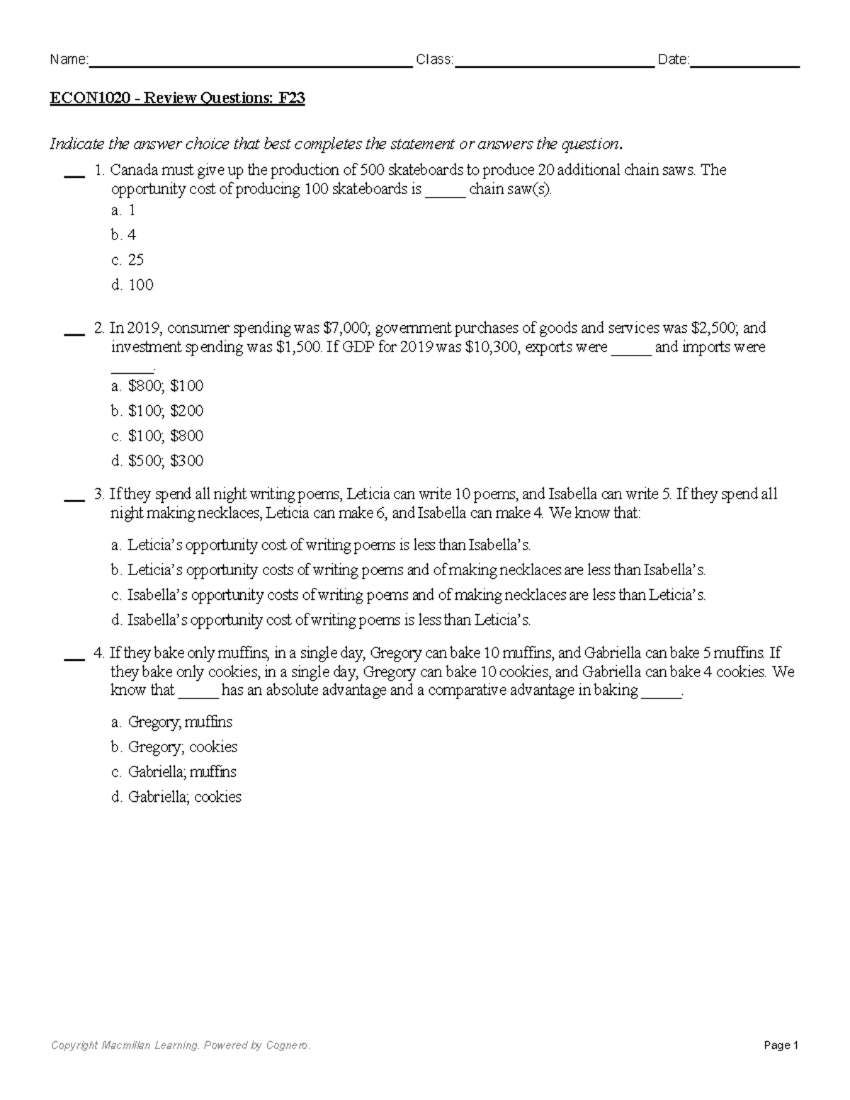Review Questions test 1 - Indicate the answer choice that best ...